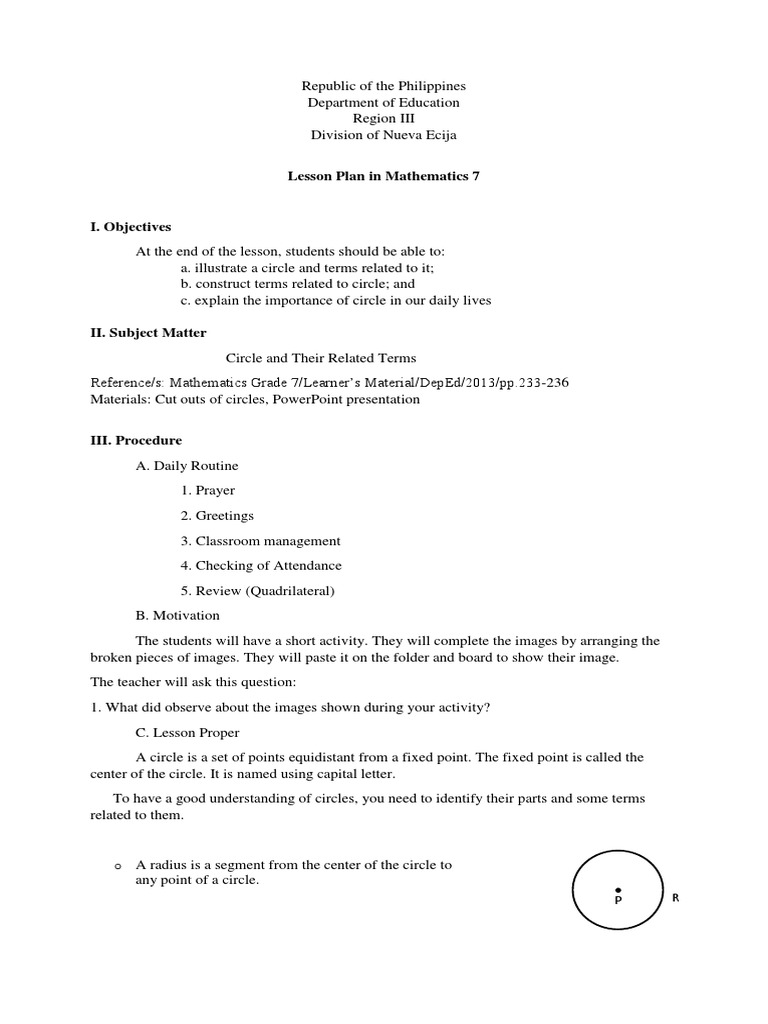 Lesson Plan in Circles | PDF | Circle | Tangent
