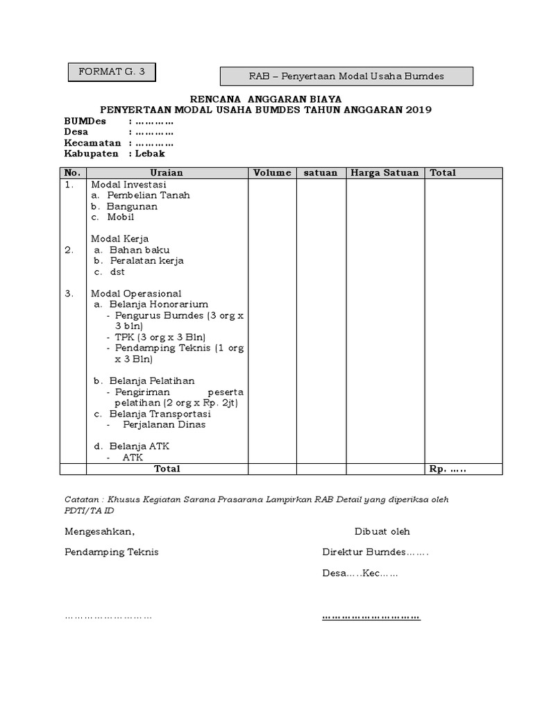 G. 3 Rab - Penyertaan Modal Usaha Bumdes | PDF