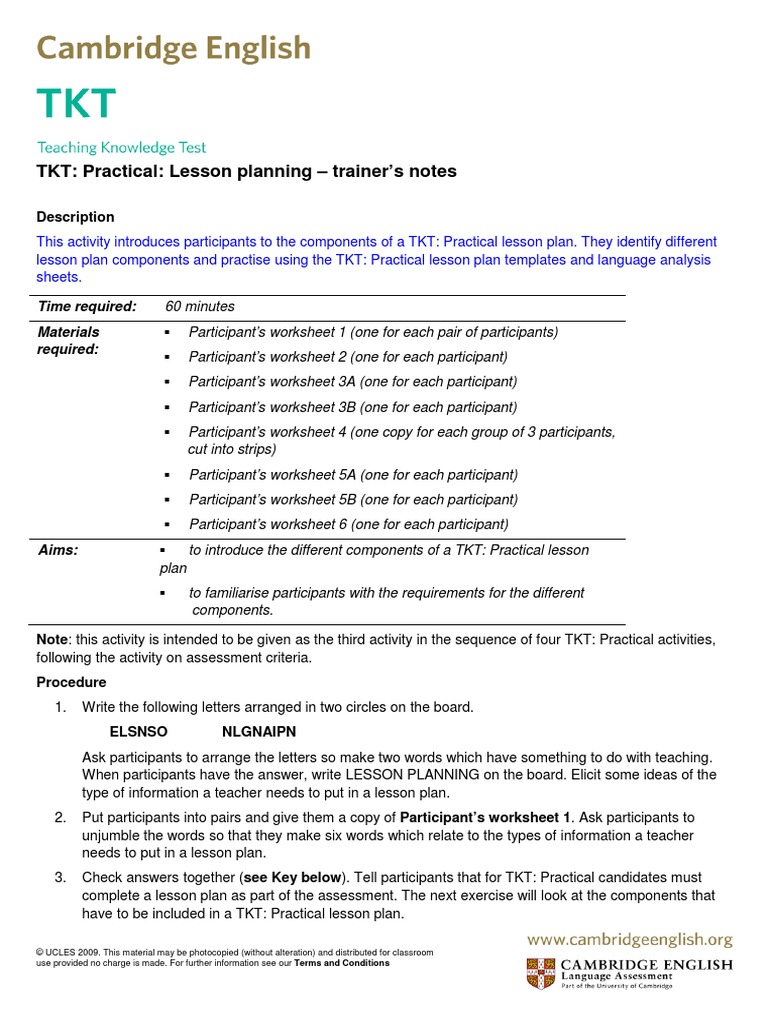TKT Practical Lesson Planning PDF | PDF | Worksheet | Lesson Plan