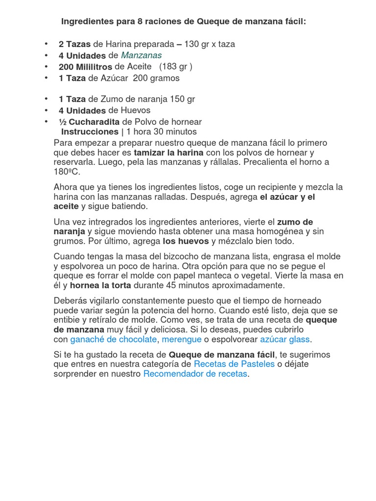 Recetas de Queque: Manzana, Leche y Café | PDF | Postres | Comida y bebida