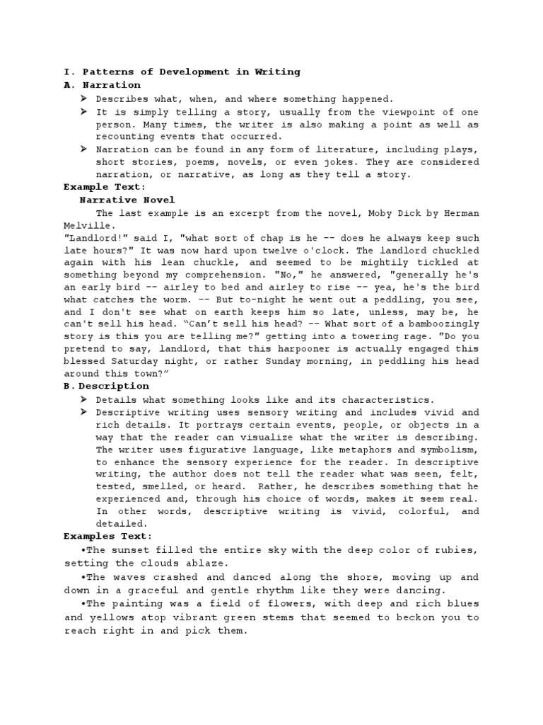 I. Patterns of Development in Writing A. Narration | PDF | Organized ...