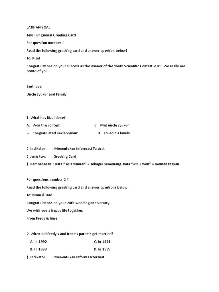 LATIHAN SOAL Greeting Card 1 | PDF | Wellness