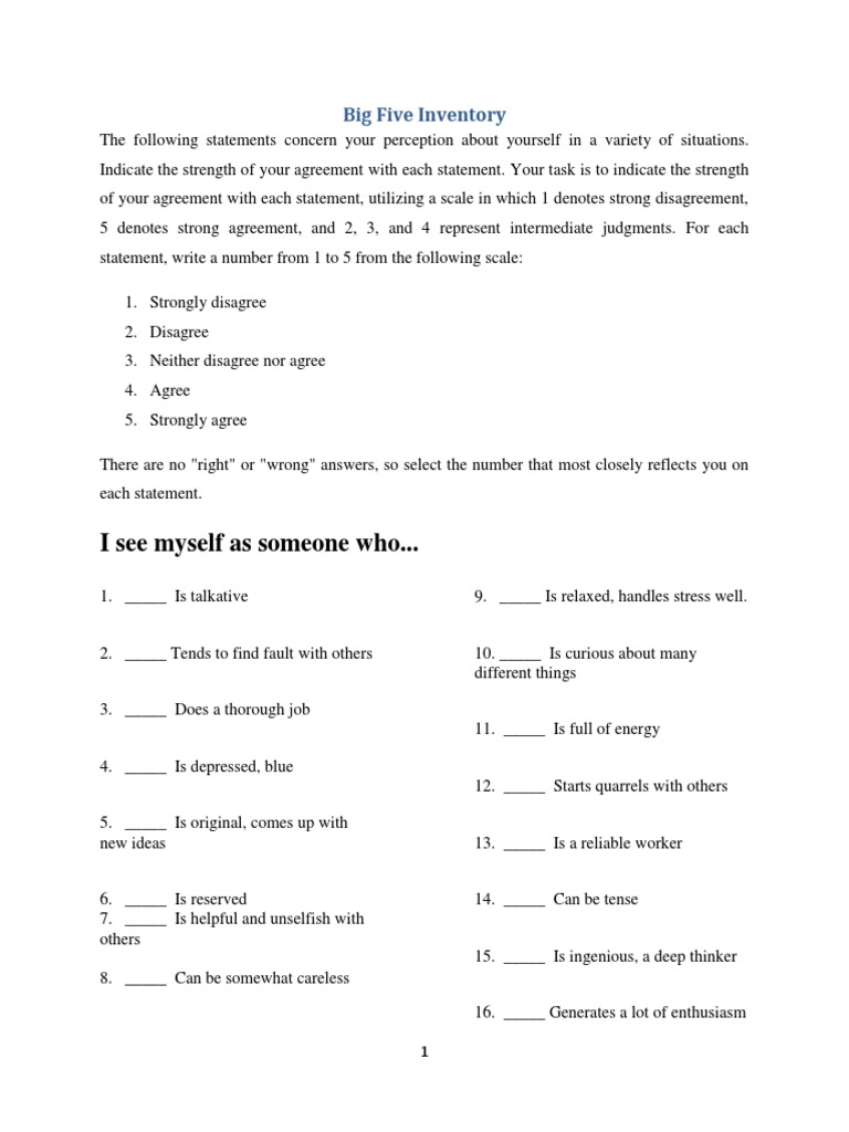 Big Five Inventory | PDF | Social Psychology | Behavioural Sciences