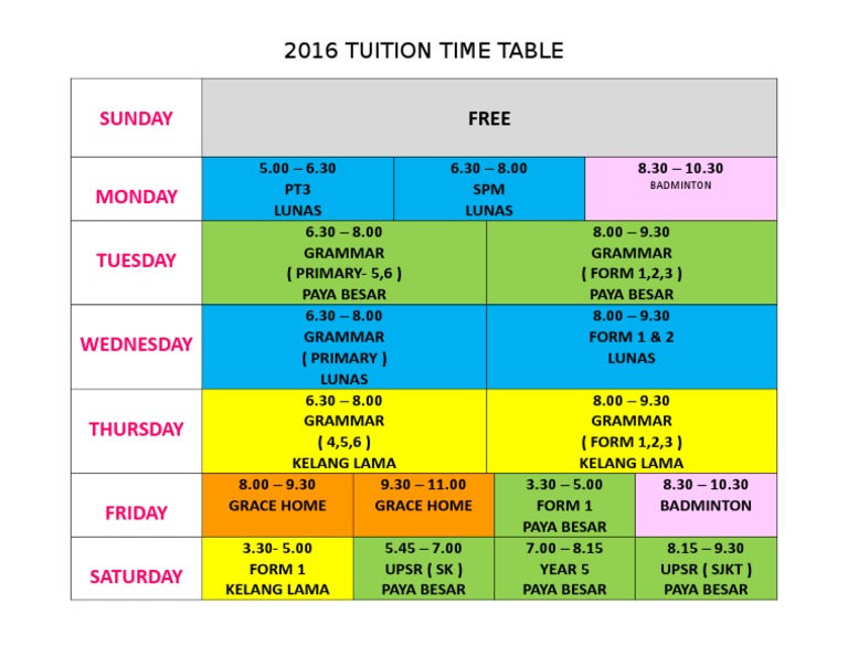 Sunday: 2016 Tuition Time Table | PDF