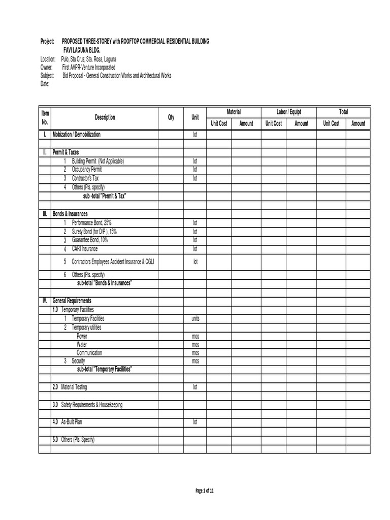 Bid Proposal for the Proposed Three-Storey Commercial/Residential ...