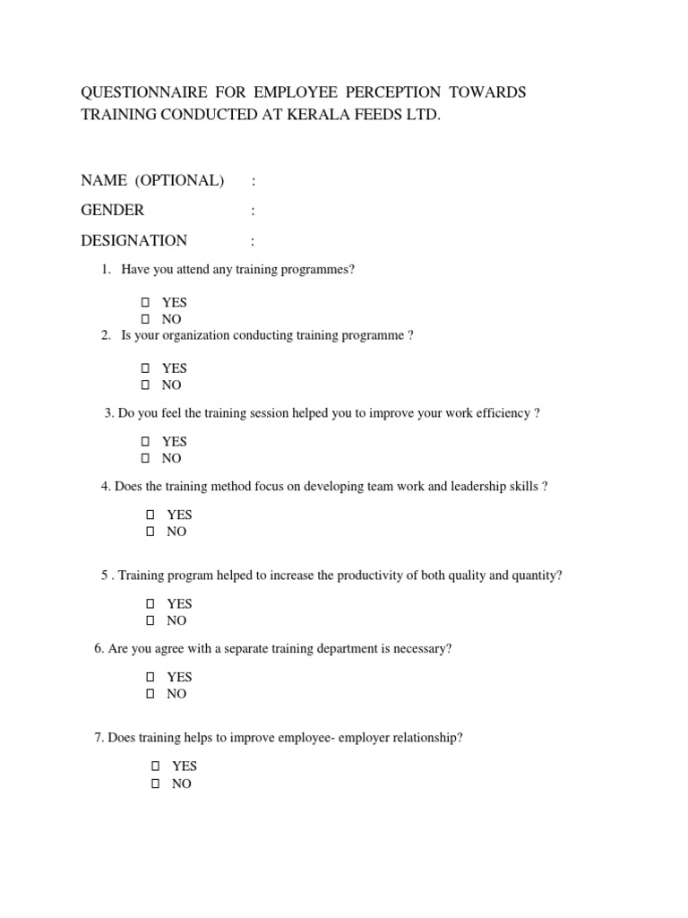 Questionnaire For Employee Perception Towards Training Conducted at ...