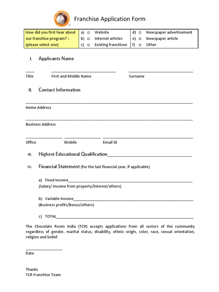Franchise Application Form: I. Pplicants Ame | PDF | Franchising | Business