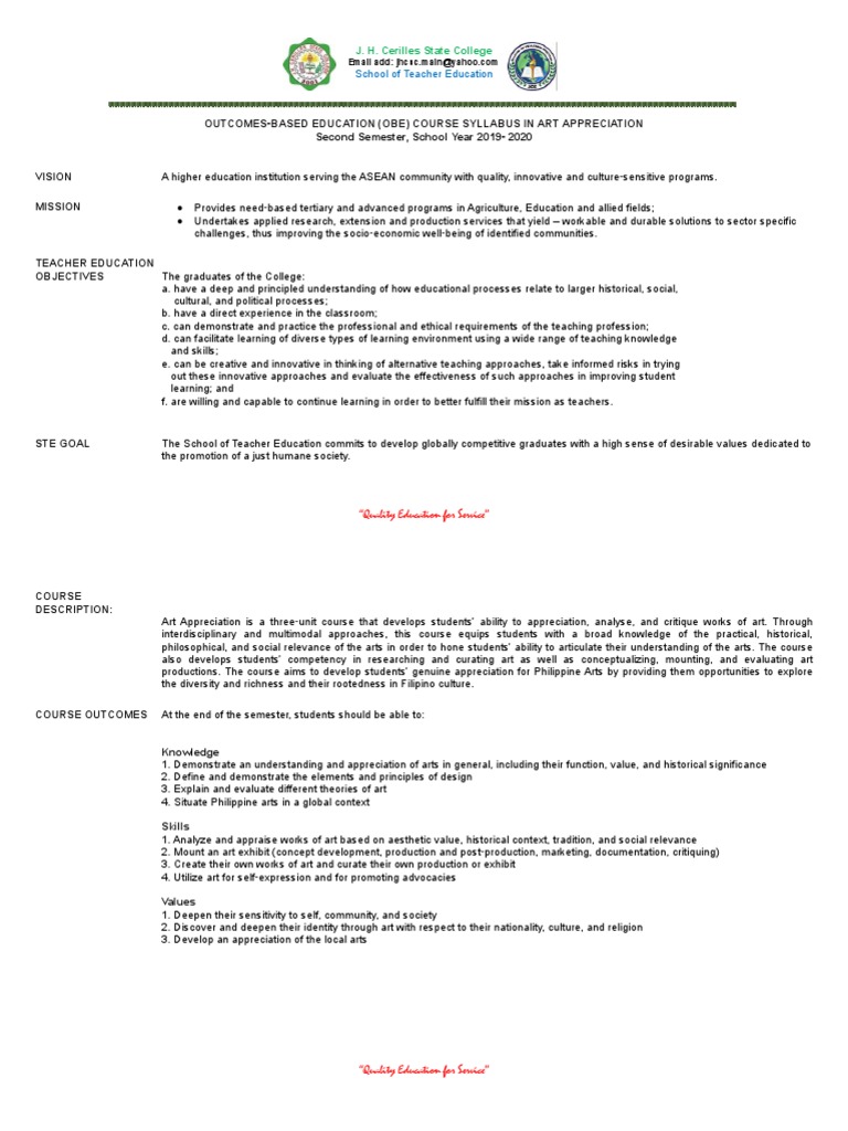 Syllabus Art Appreciation 1 | PDF | Teacher Education | Test (Assessment)