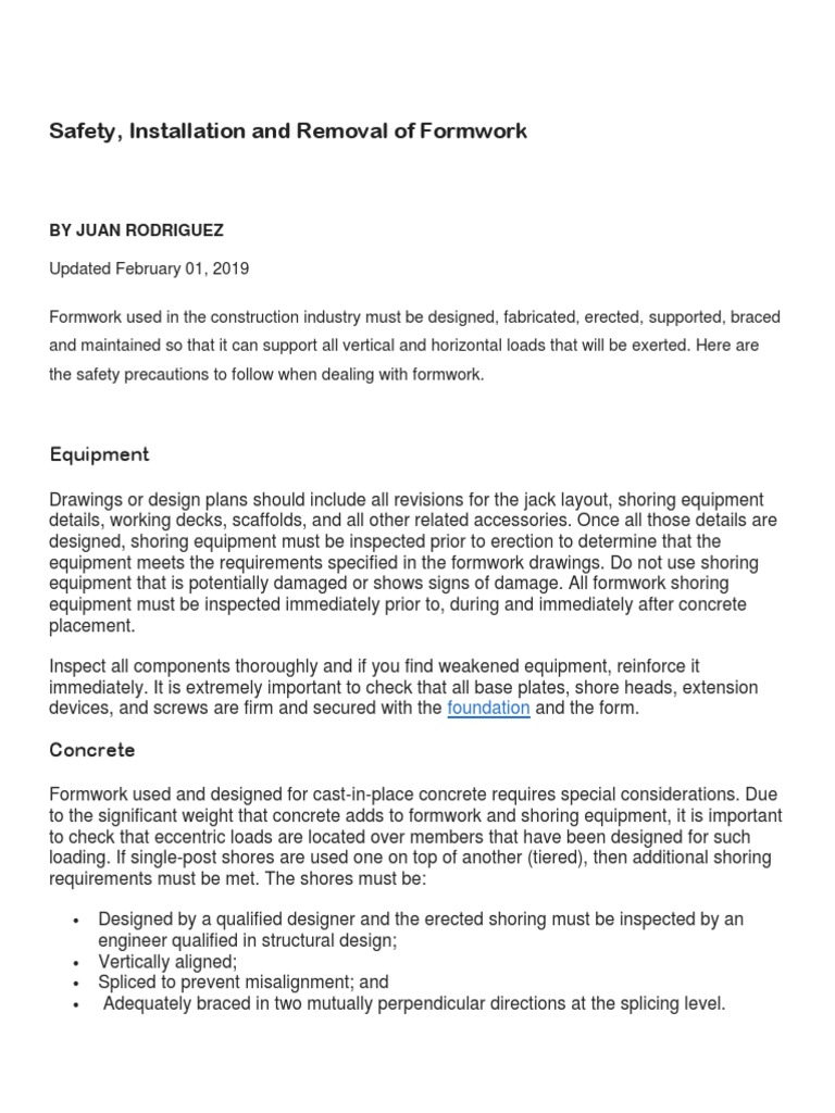 Safety, Installation and Removal of Formwork: Equipment | PDF ...