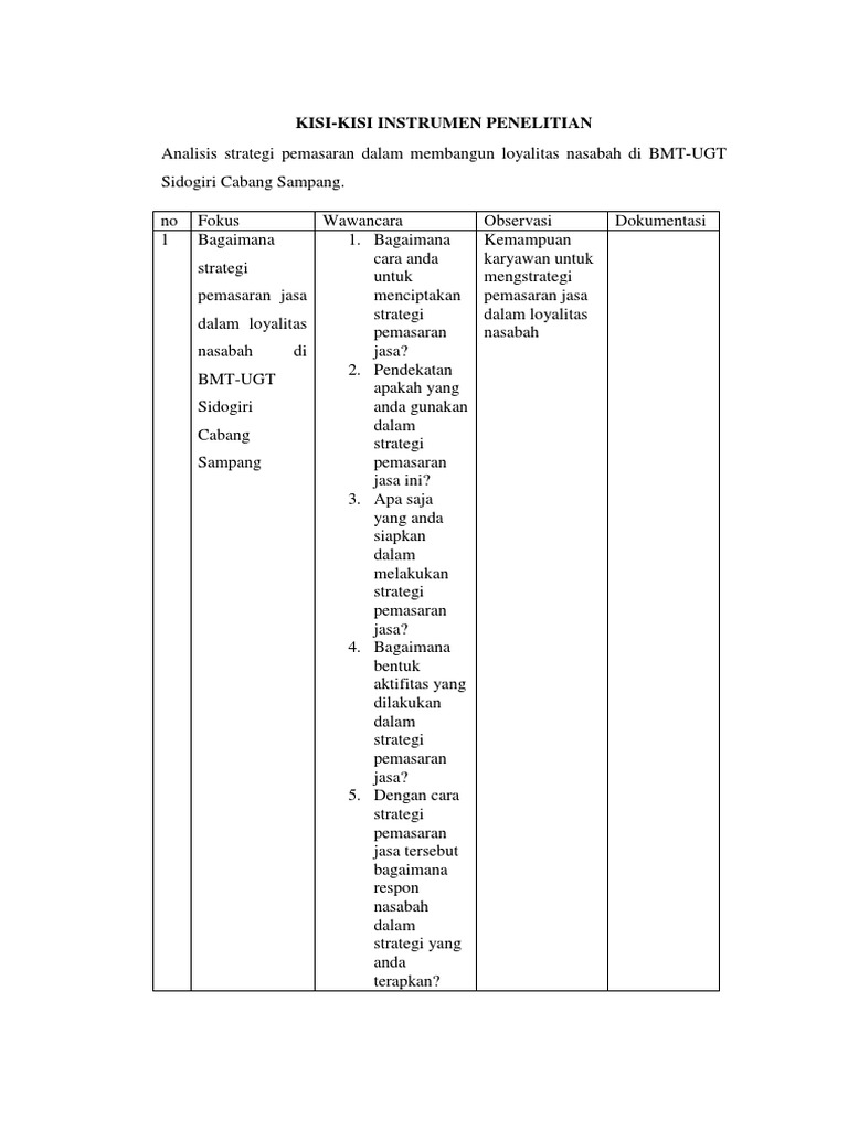 Kisi-Kisi Instrumen Penelitian | PDF