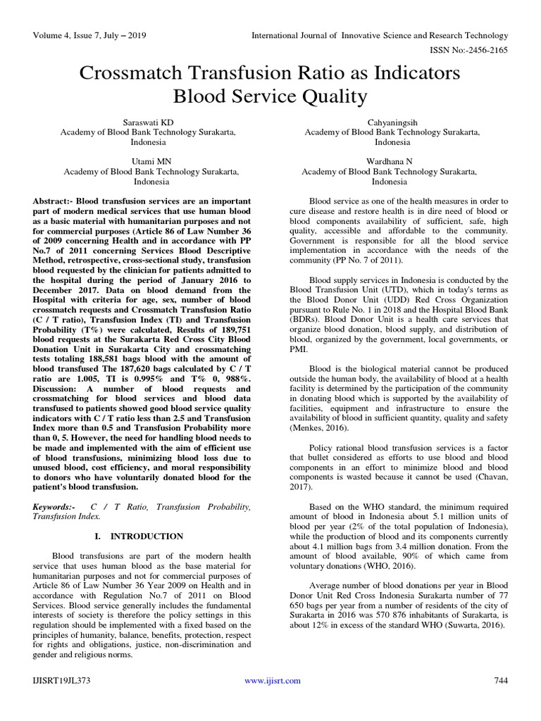 Crossmatch Transfusion Ratio As Indicators Blood Service Quality | PDF ...