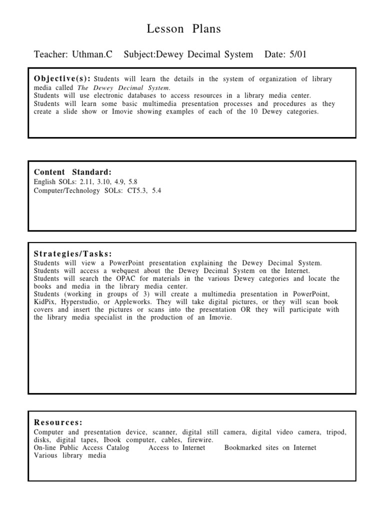 Lesson Plans: Teacher: Uthman.C Subject:Dewey Decimal System Date: 5/01 ...
