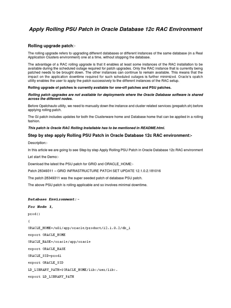 Apply Rolling Psu Patch In Oracle Database 12c Rac Environment Pdf Oracle Database Grid