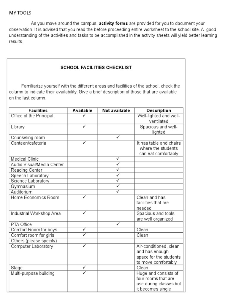My Tools: School Facilities Checklist | PDF | Classroom | Learning