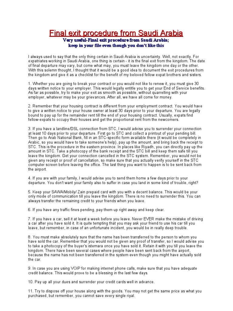 Final Exit Procedure (KSA) | PDF | Credit Card | Service Industries