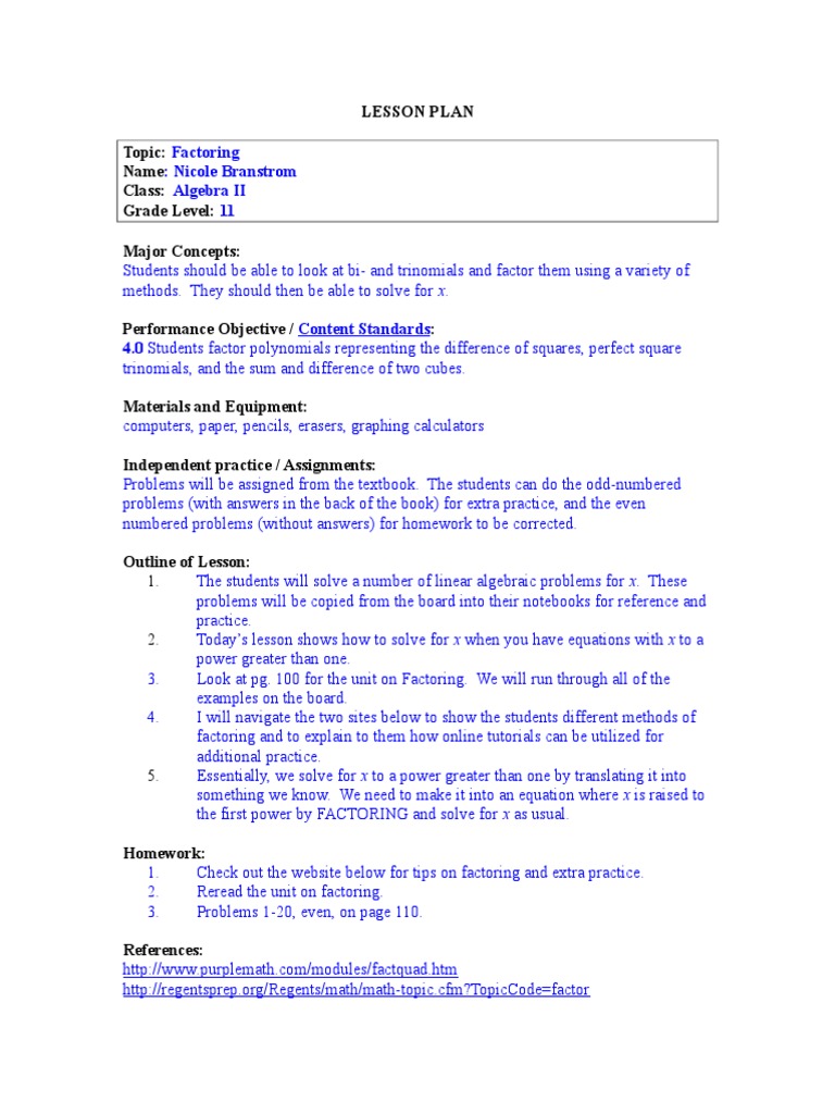 Factoring: Nicole Branstrom Algebra II 11: Lesson Plan Topic: Name ...