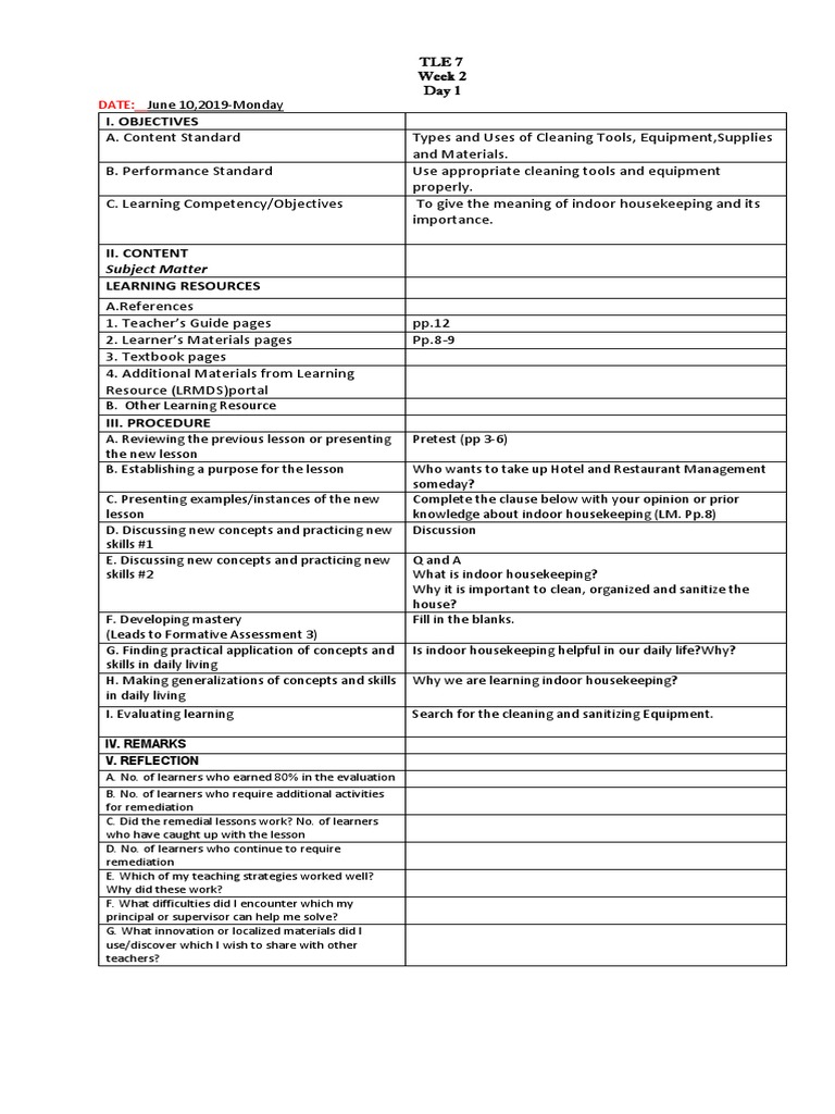 Daily Lesson Log Tle 7-Household Services | Download Free PDF | Reading ...
