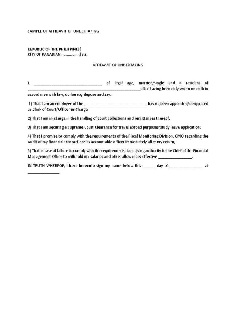 Sample of Affidavit of Undertaking | PDF | Affidavit | Common Law