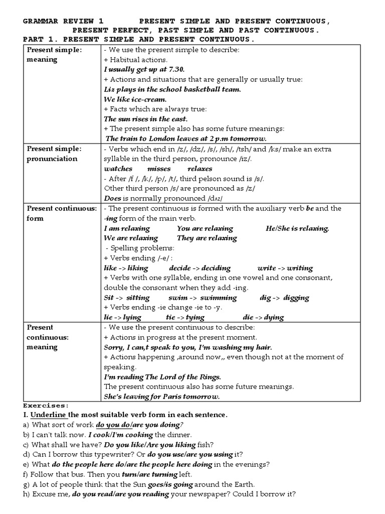 Grammar Review 1present Simple and Present Continuous | PDF