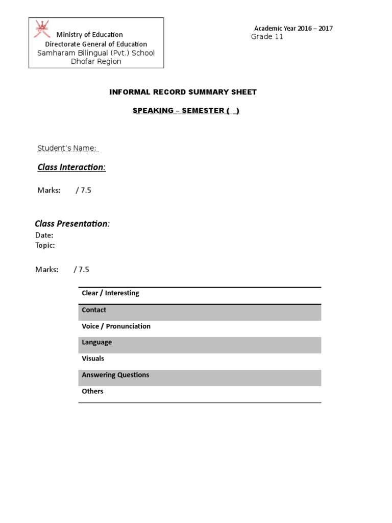 Informal Record Summary Sheet | PDF