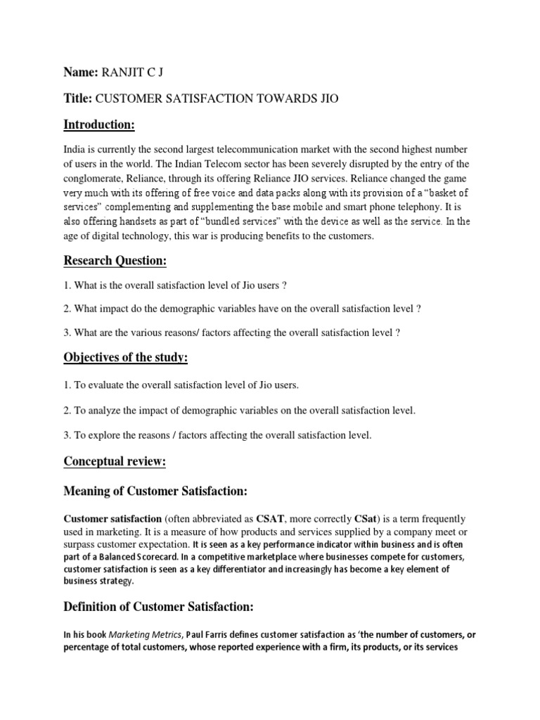 Customer Satisfaction Study: Reliance Jio | PDF | Customer Satisfaction ...