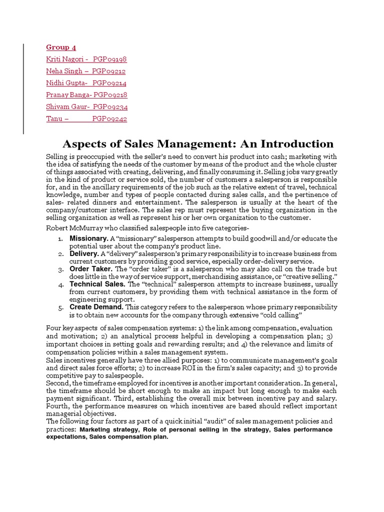 Aspects of Sales Management: An Introduction | PDF | Sales | Incentive