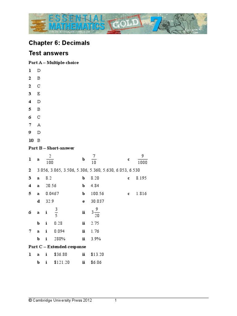 Chapter 6: Decimals Test Answers: D B C E D B C A D | PDF