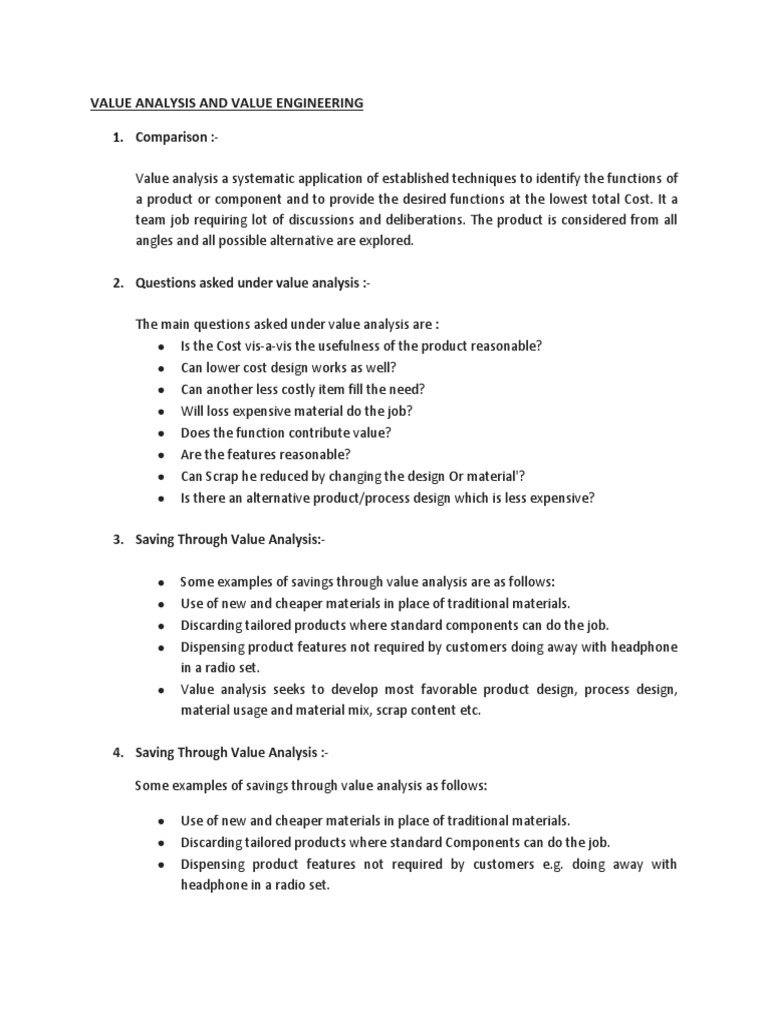 Value Analysis and Value Engineering | PDF | Product Design | New ...