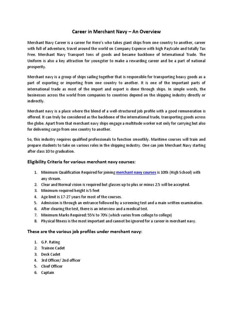 Career in Merchant Navy - An Overview | PDF | Merchant Navy | Navies