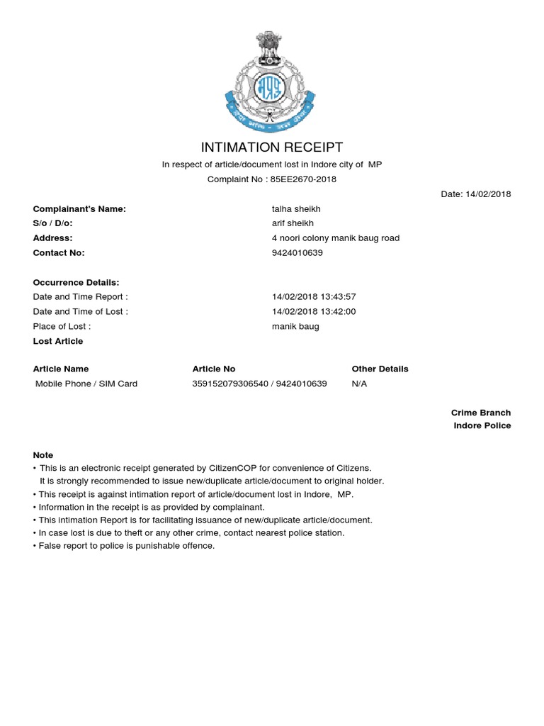 Intimation Receipt: Complainant's Name: S/o / D/o: Address: Contact No ...