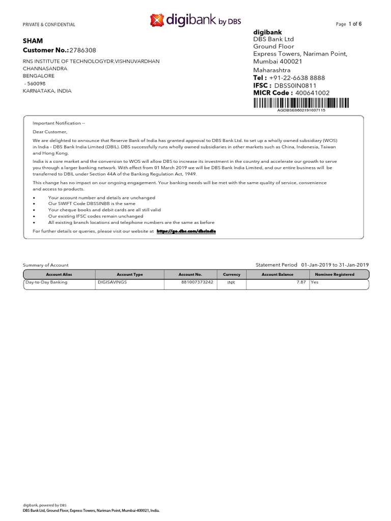 DBS Bank LTD Ground Floor Express Towers, Nariman Point, Mumbai 400021 ...