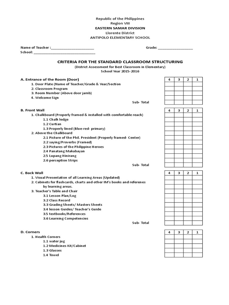 Classroom Structuring Assessment Criteria | PDF