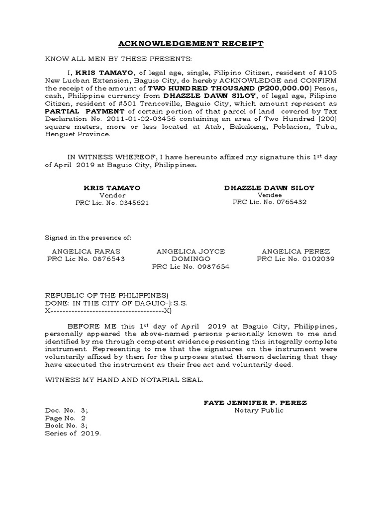 Acknowledgement Receipt: PARTIAL PAYMENT of Certain Portion of That Parcel of Land Covered by ...