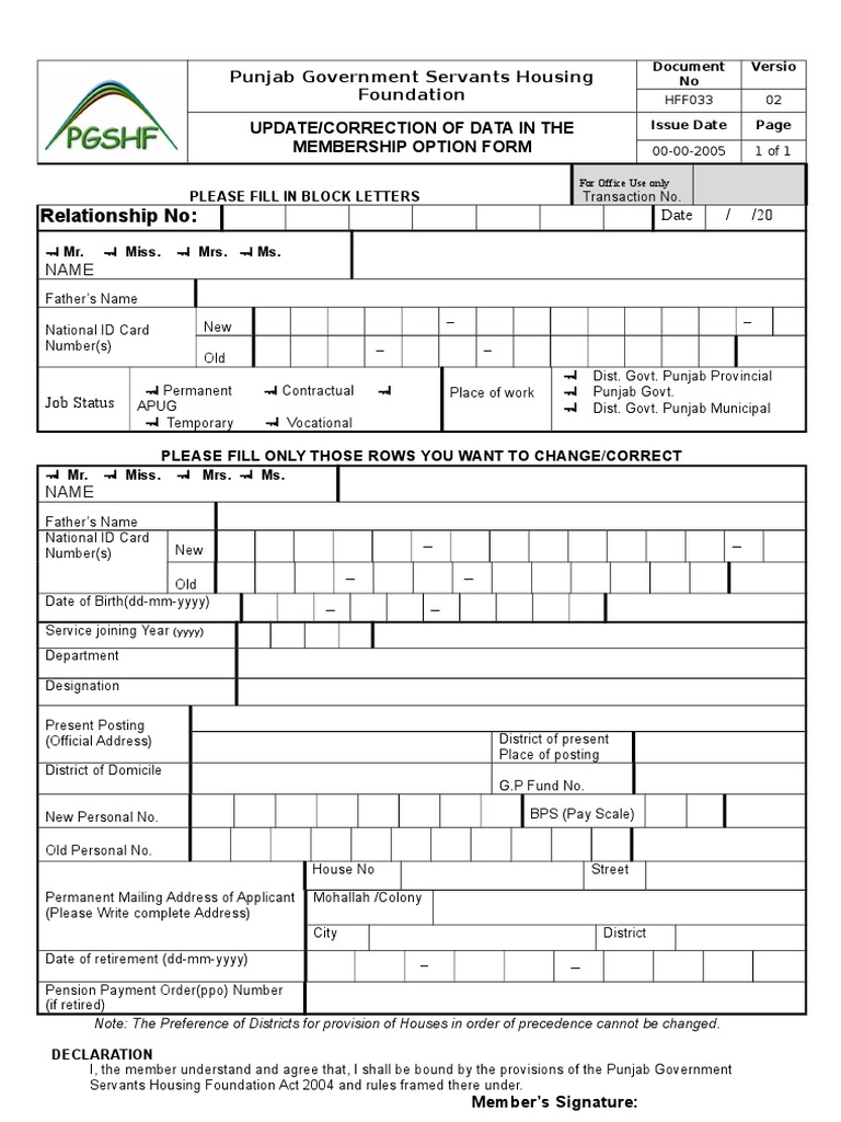Relationship No:: Punjab Government Servants Housing Foundation Update ...