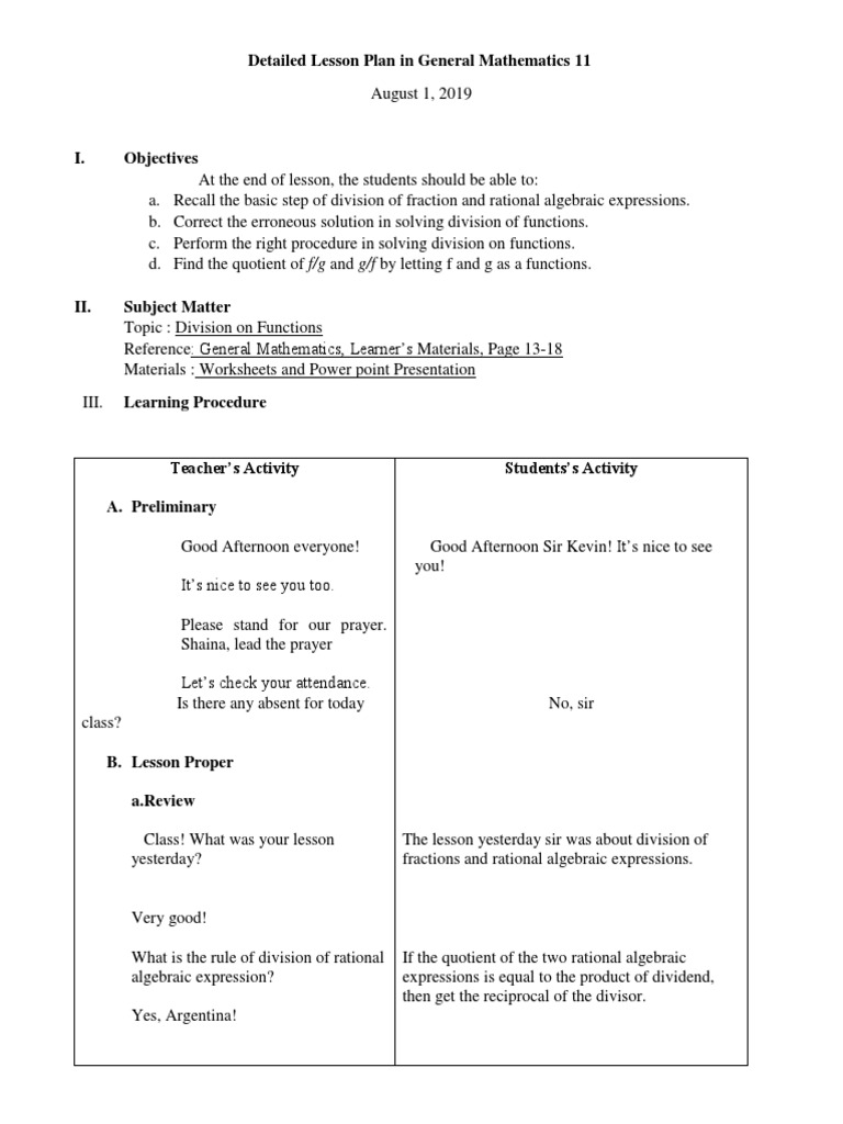 Detailed Lesson Plan in Mathematics | PDF | Division (Mathematics ...