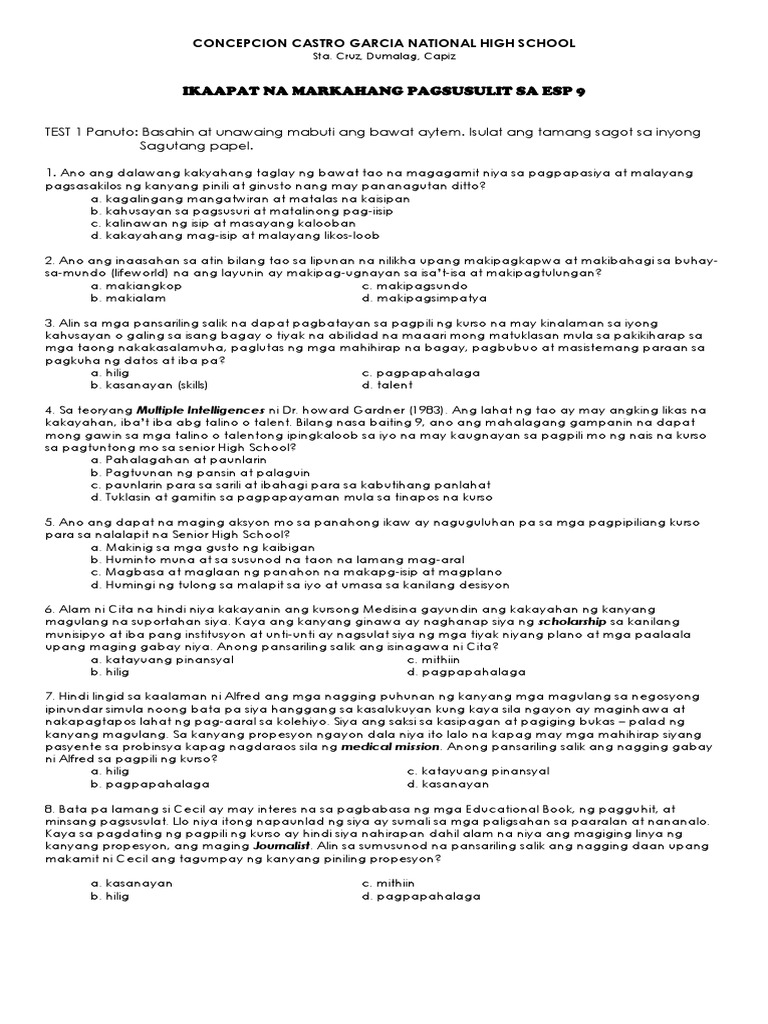 Ikaapat Na Markahan Sa ESP 9 | PDF