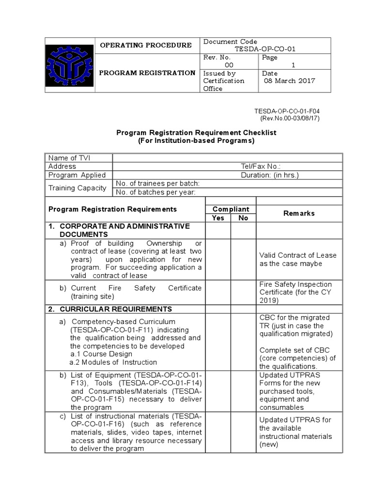 TESDA OP CO 01 F04 - Program Registration Checklist - Doc - For ...