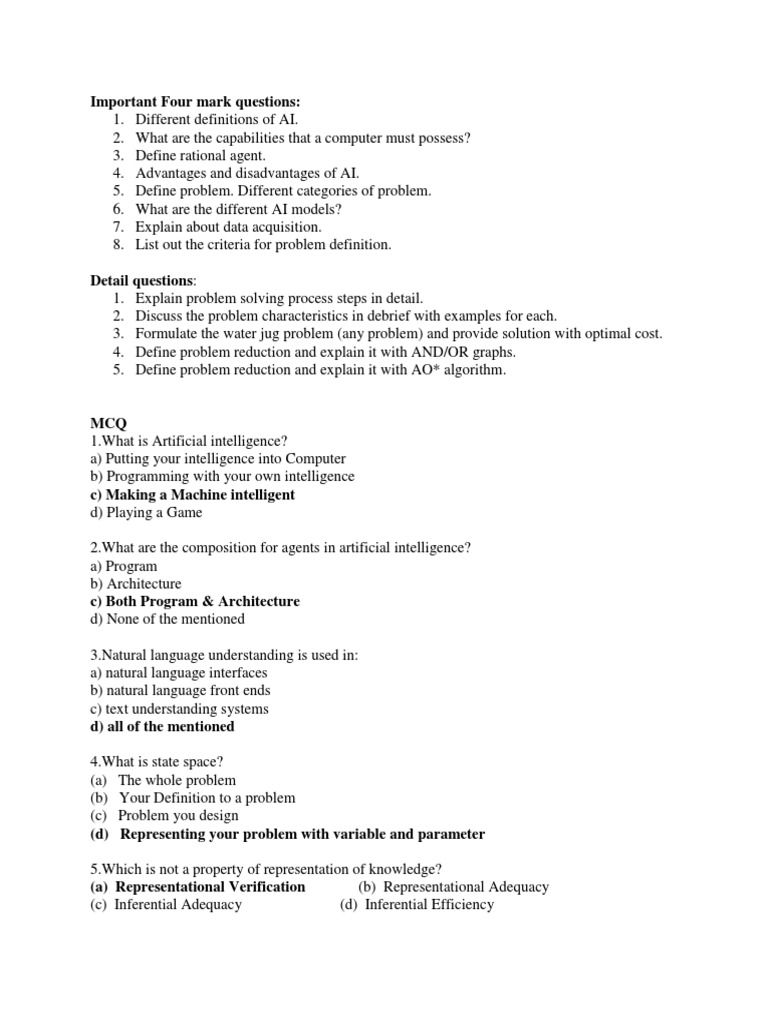 Important Questions-Unit 1 | PDF | Artificial Intelligence ...