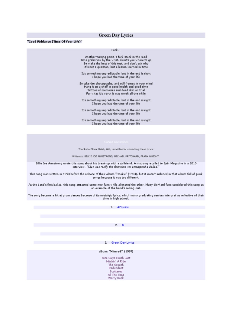 Green Day Lyrics: "Good Riddance (Time of Your Life) " | PDF | Rock ...