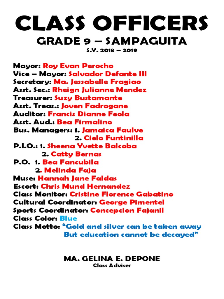 CLASS OFFICERS Grade 9 Sampaguita 2018 | PDF
