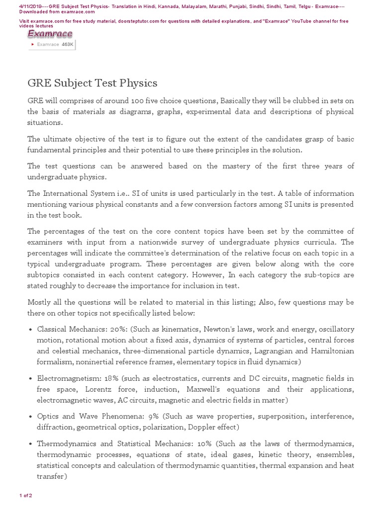GRE Subject Test Physics: Examrace | PDF | Waves | Physics