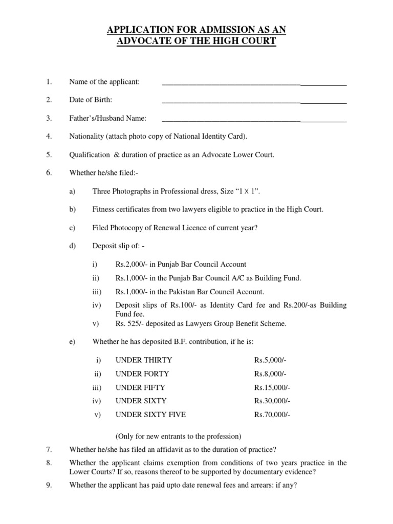 Application For Admission Advocate Highcourt | PDF | Advocate ...