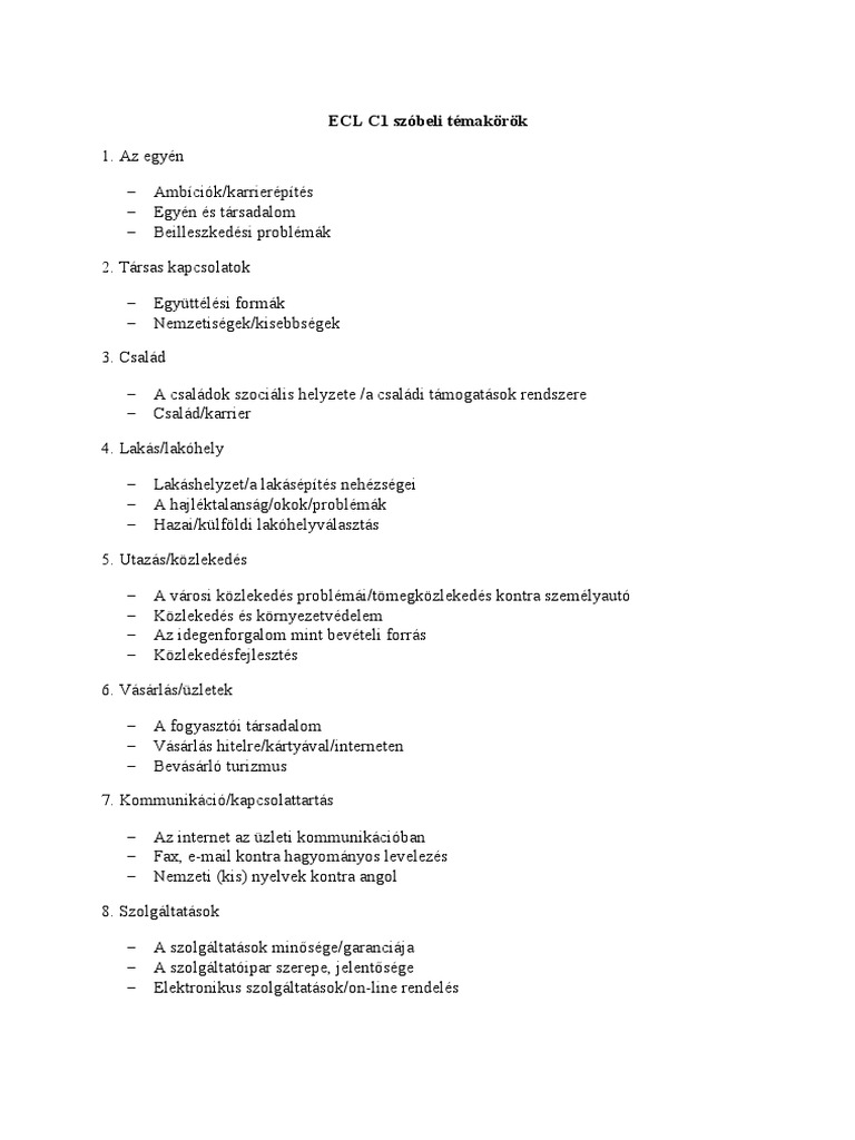 ECL C1 Szóbeli Témakörök | PDF