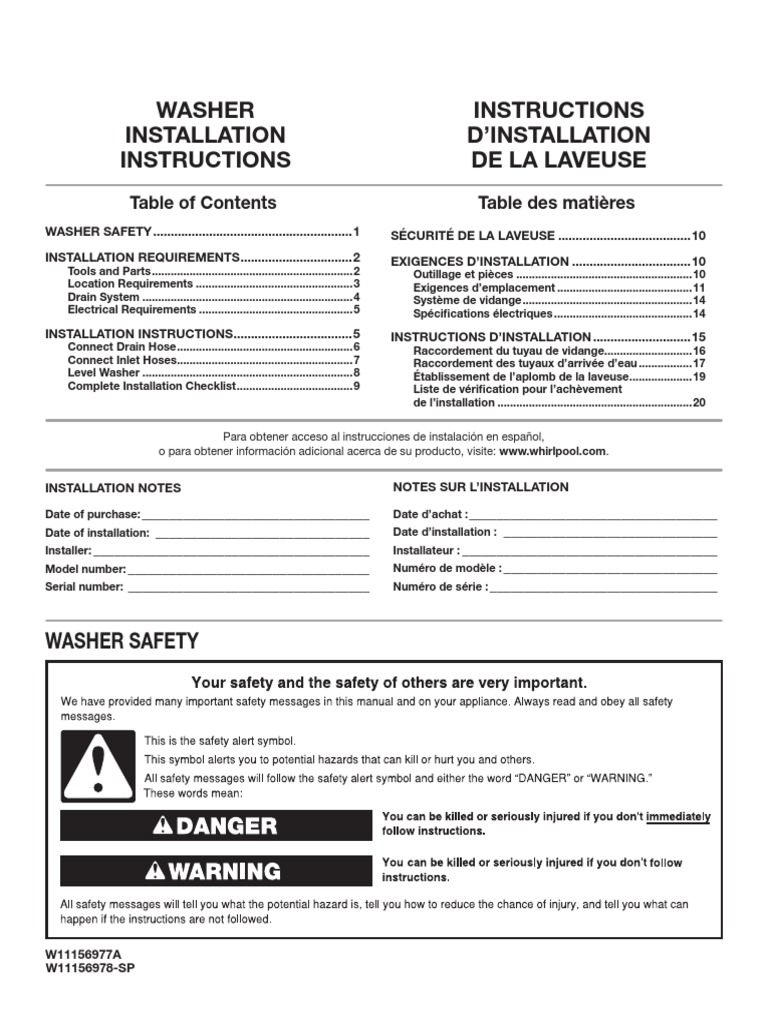 Washer Installation Instructions W11156977a W11156978-SP | PDF | Tap ...