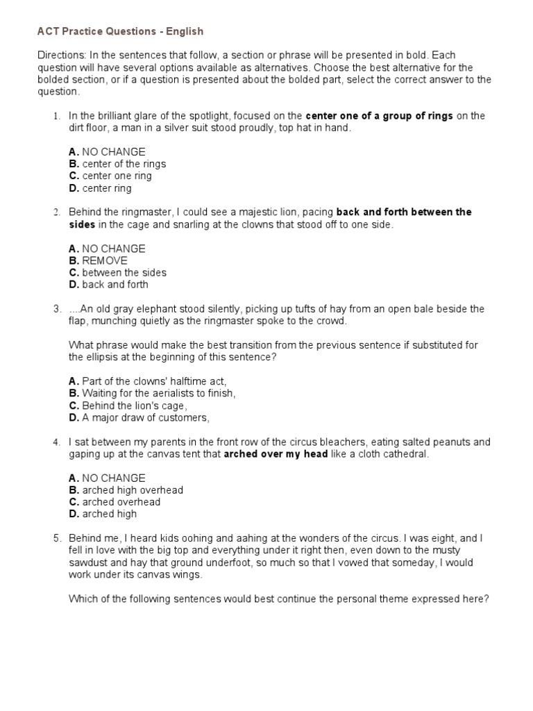 ACT Practice Questions English | PDF | Adverb | Question