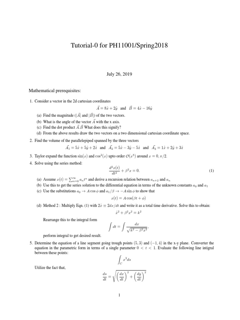Tutorial 0 | PDF | Euclidean Vector | Equations