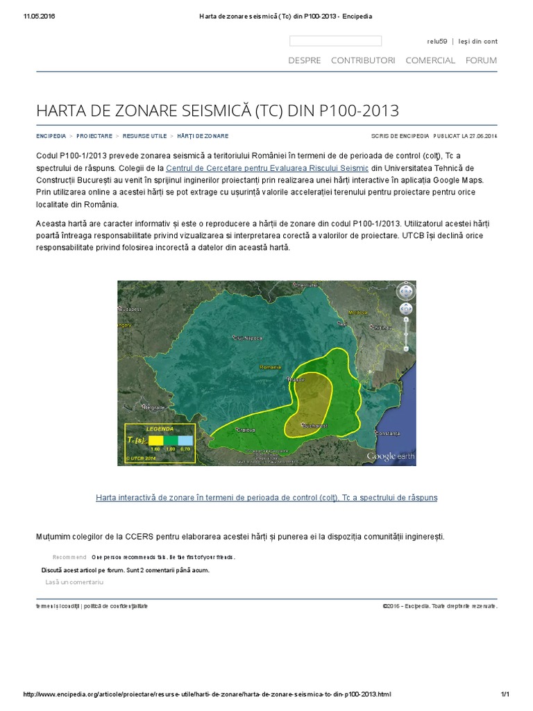 Harta de Zonare Seismică (TC) Din P100-2013 - Encipedia | PDF