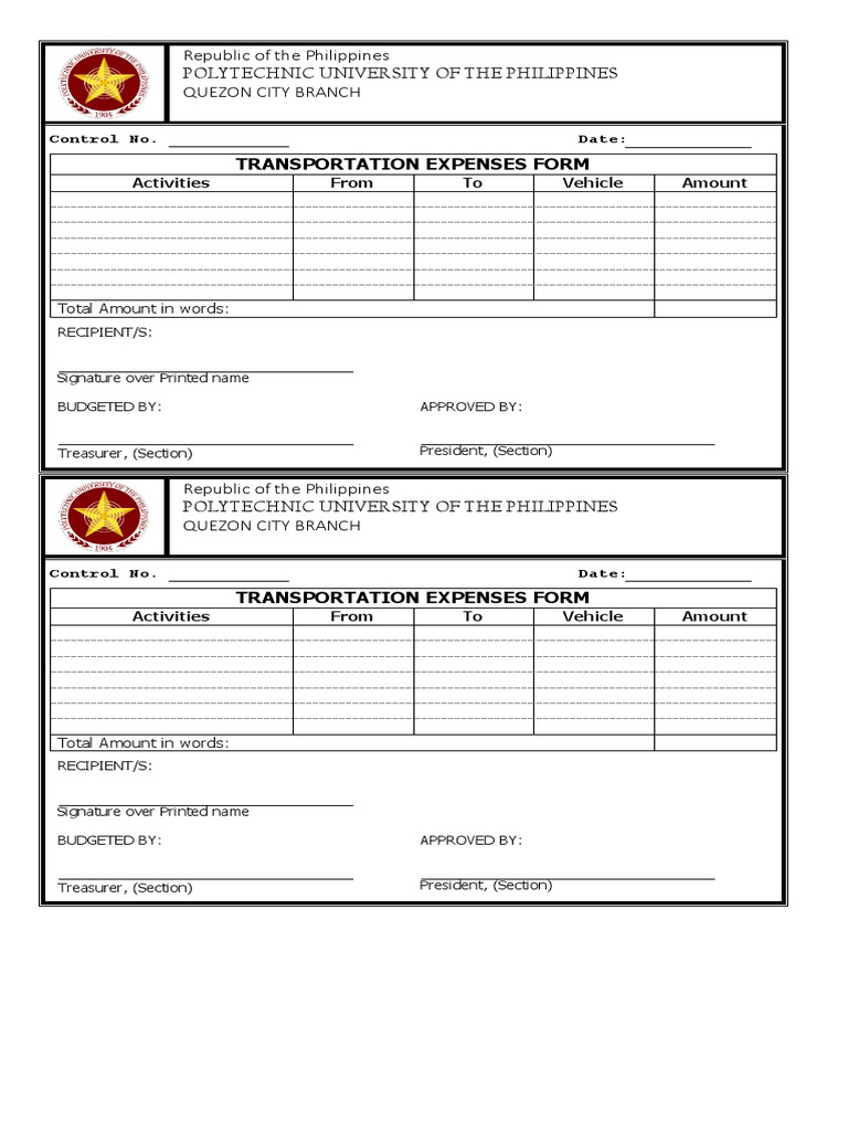 Transportation Expenses Form: Republic of The Philippines Polytechnic ...