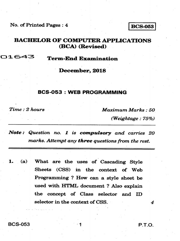 BCS 053 - Web Programming Question Paper | PDF | Html Element | Html