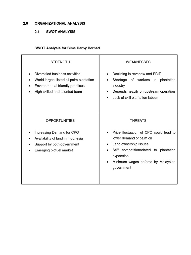 2.0 Organizational Analysis 2.1 Swot Analysis | PDF | Palm Oil | Plantation